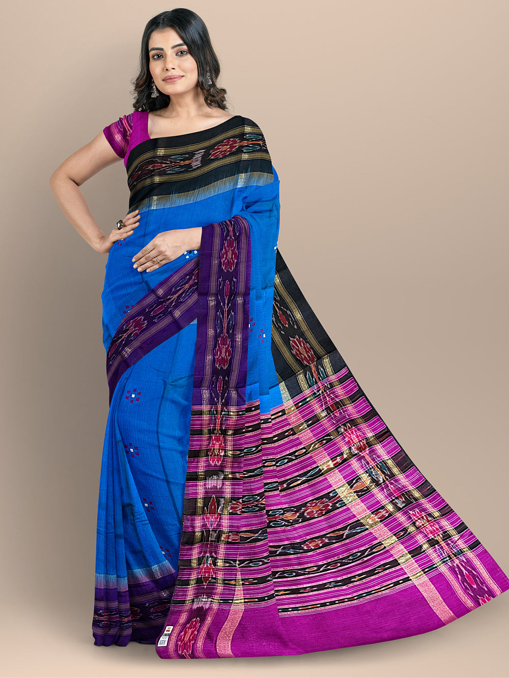Azure Blue Pure Raw Silk Handloom Saree with Black and Purple Ikkat Bo ...
