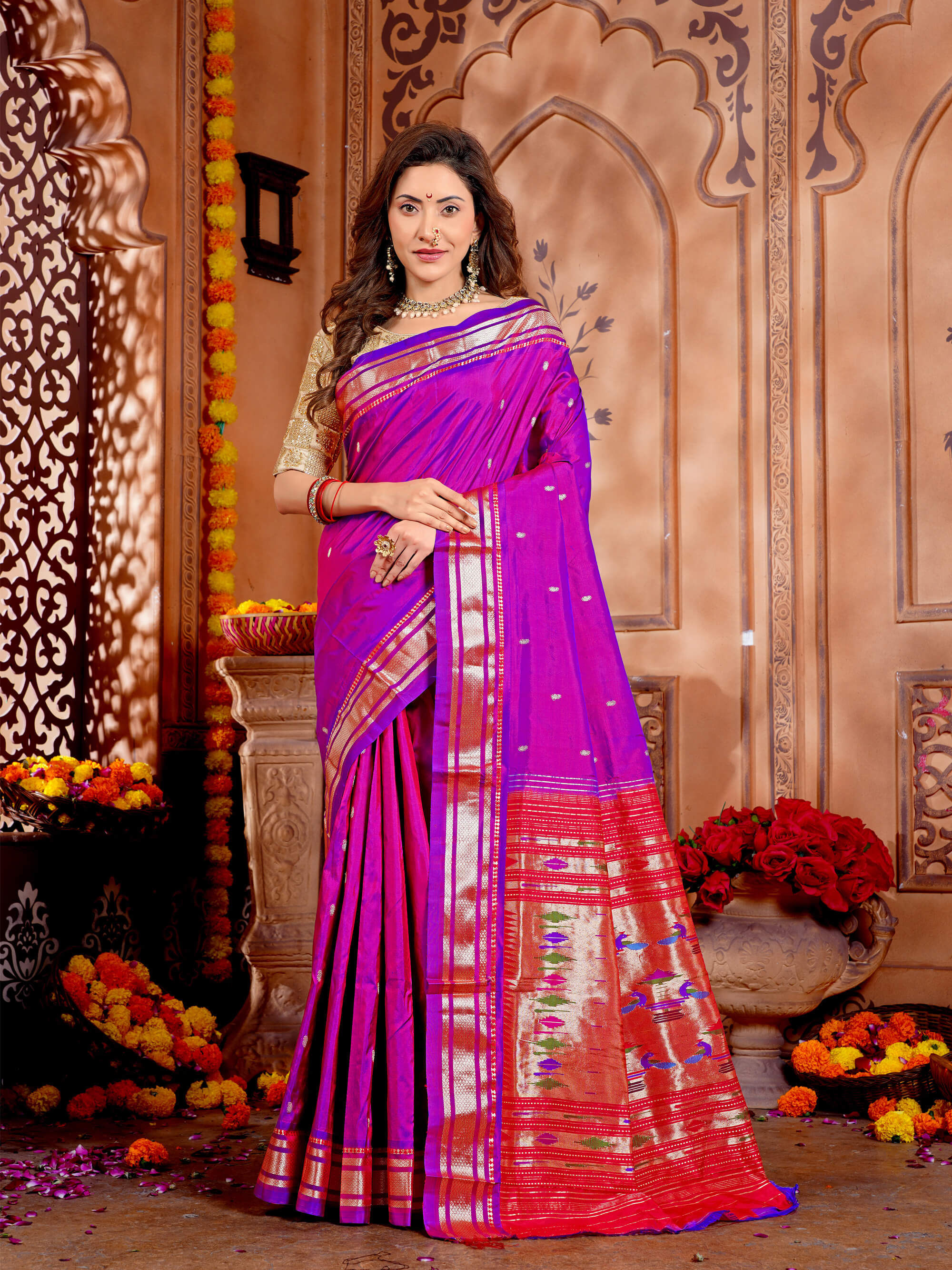 Magenta Pure Silk Paithani Handloom Saree with Double Pallu Design ...